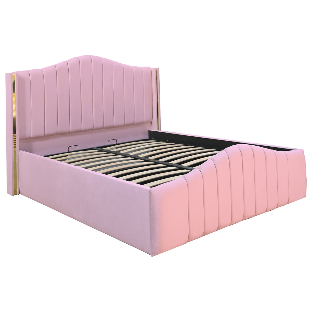 Pat dublu tapitat Alaska, 180/200 cm, roz cu benzi aurii, cu somiera ...