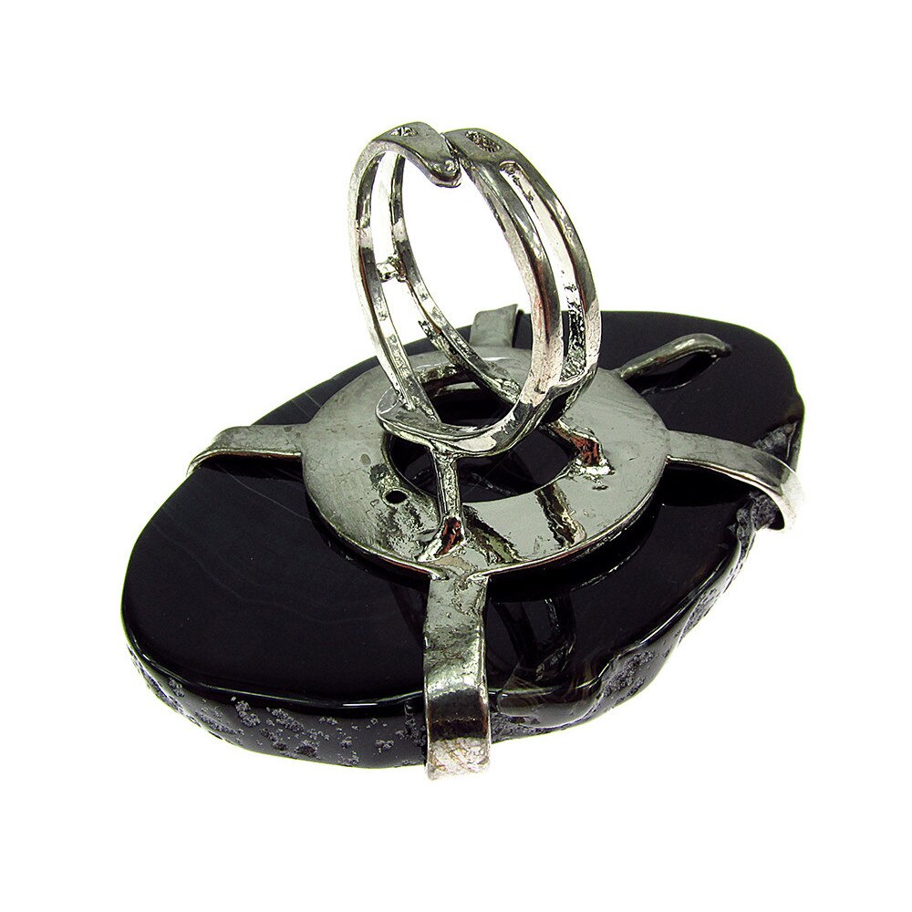 Inel reglabil statement masiv cu agat negru natural 14A, GlamBazaar ...