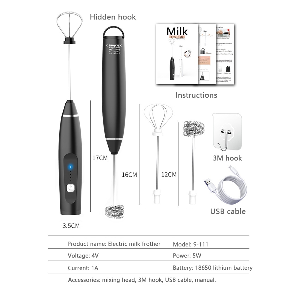 Mixer spuma lapte, 2 Capete interschimbabile, USB, Negru - eMAG.ro