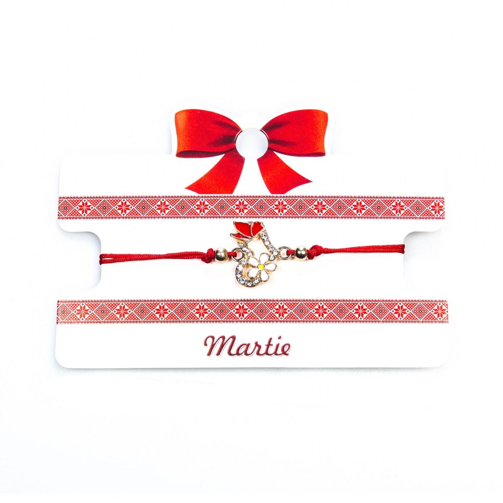 Bratara rosie, martisor, cu snur reglabil, model inimioara cu floricica ...