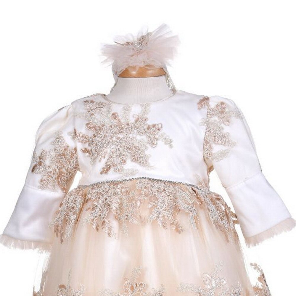 Rochie botez fata, cu volanas, culoare alb-ivoire, 3 piese, 6 - 9 luni ...