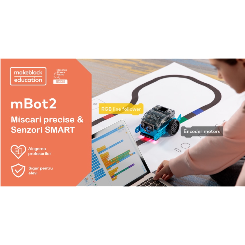 Kit Robot educativ Makeblock mBot2, Programabil, Control inteligent CyberPi, Senzori ...