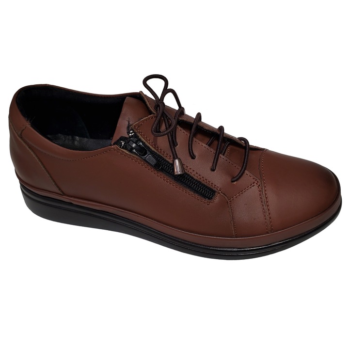 Pantofi dama din piele naturala BIO FLEX cu siret si fermoar, maro, 39 ...