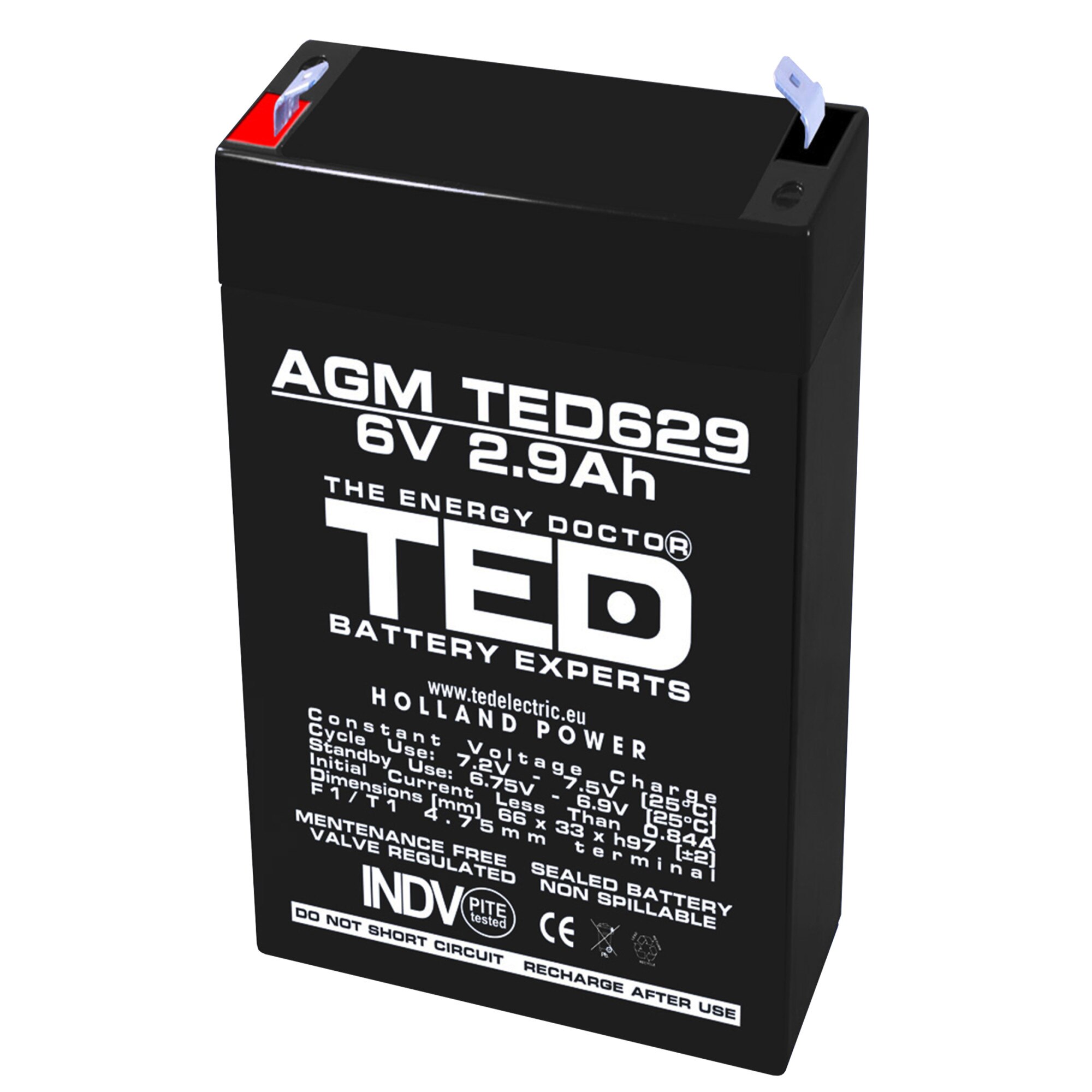 Acumulator AGM VRLA 6V 2,9A dimensiuni 65mm x 33mm x h 99mm F1 TED ...