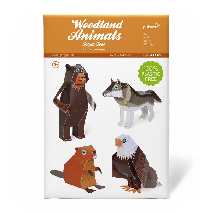 Kit craft de construit 4 animale din padure de jucarie PUKACA din hartie, prin decupare, pliere ...
