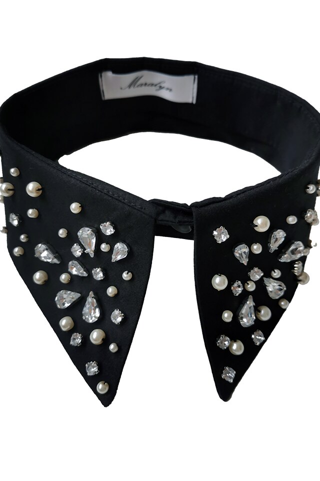 Guler de camasa detasabil, Maralyn, clasic, negru cu pietre aplicate ...