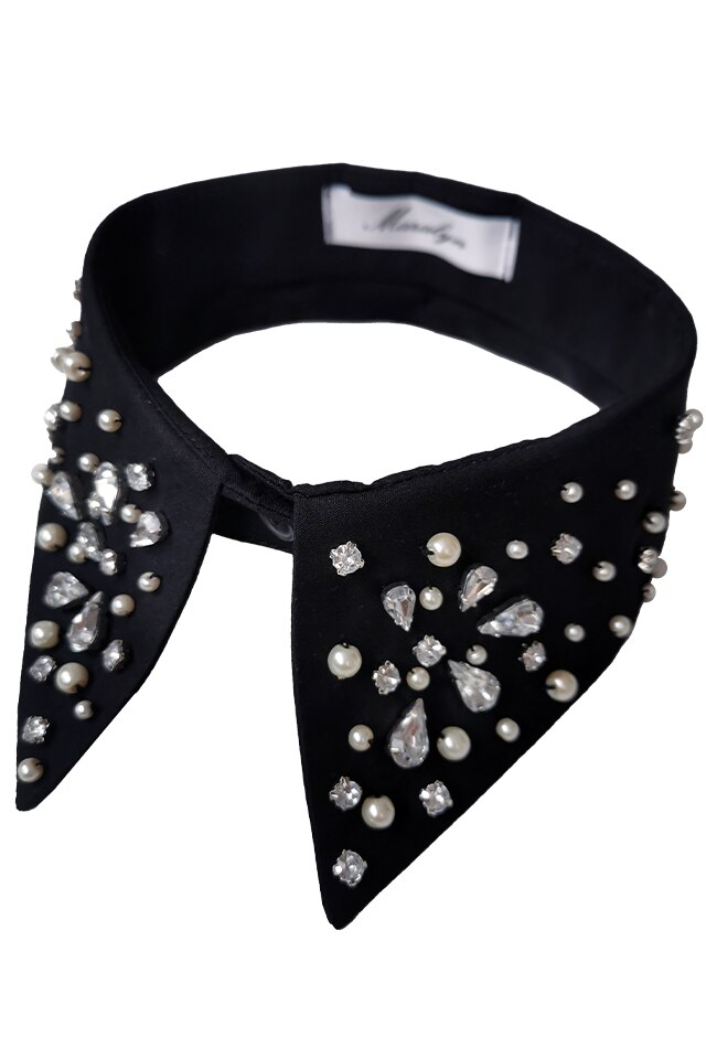 Guler de camasa detasabil, Maralyn, clasic, negru cu pietre aplicate ...