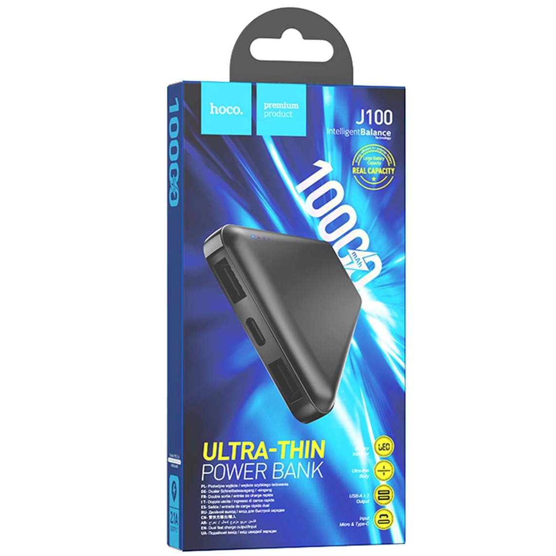 Външна батерия, 10000mAh, с два USB-A порта, MicroUSB и USB-C ...