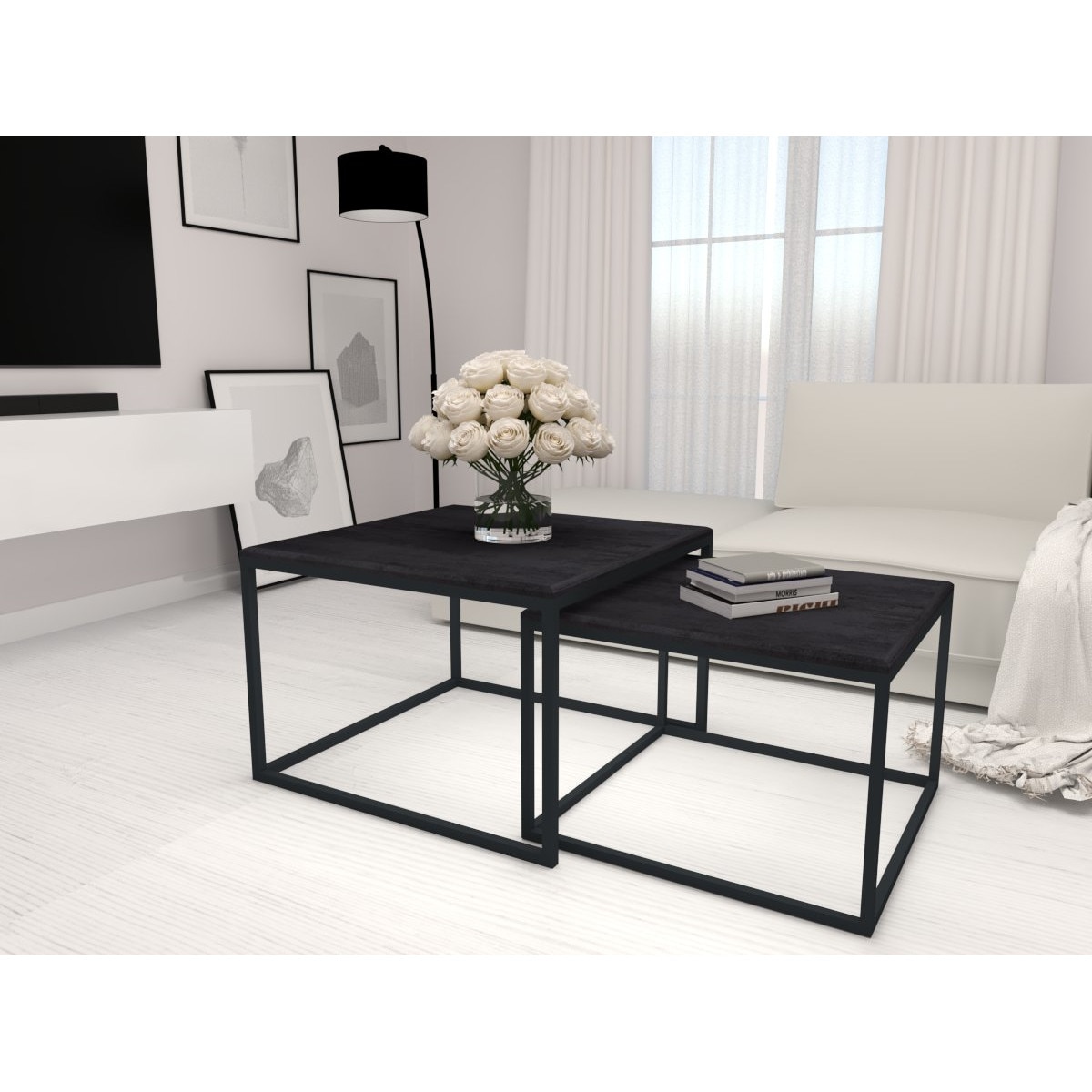 Set 2 masute de cafea, 60/70cm, Otel/MDF, Negru - eMAG.ro