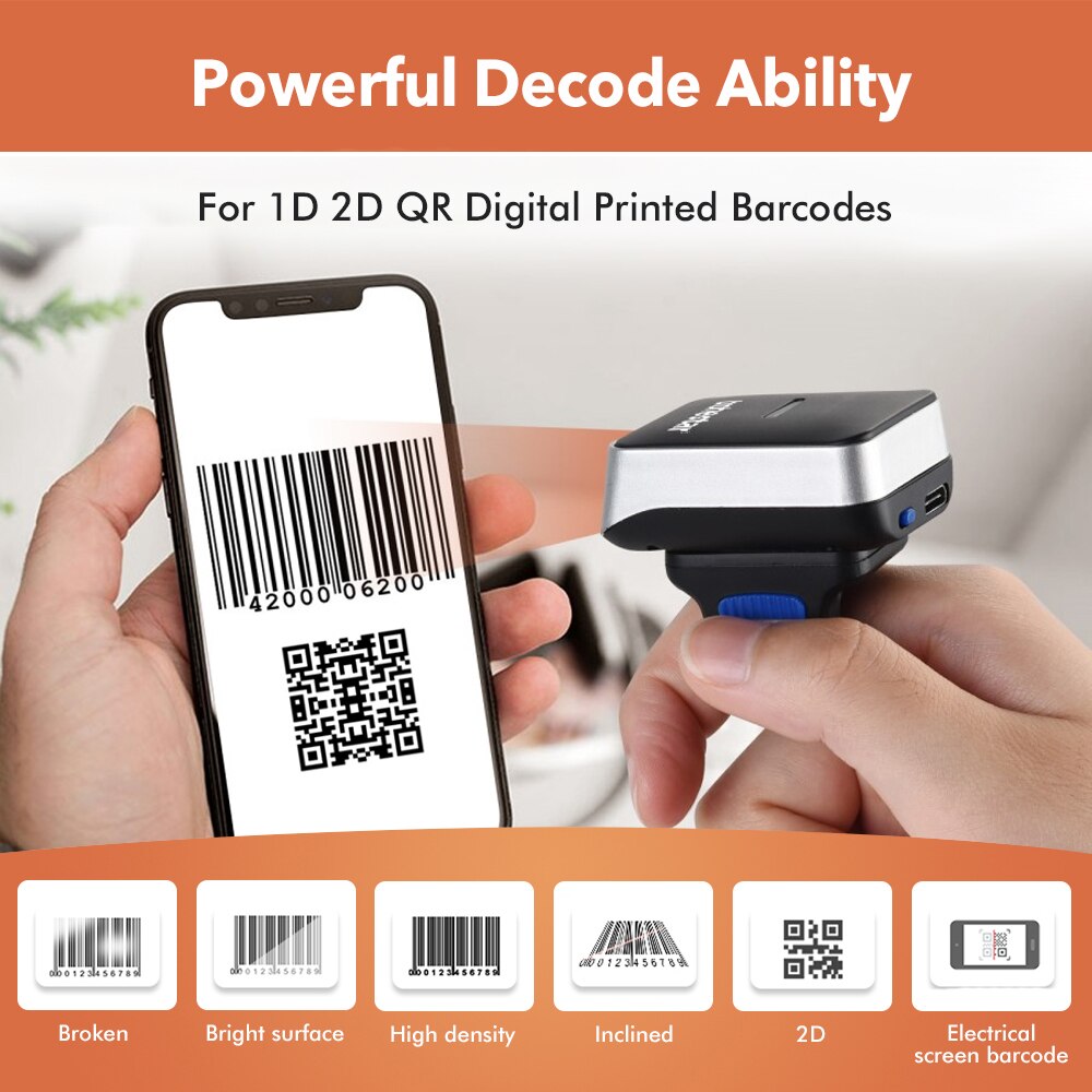 Scaner portabil de coduri de bare Trohestar Mini 1D 2D wireless Ring N8 ...