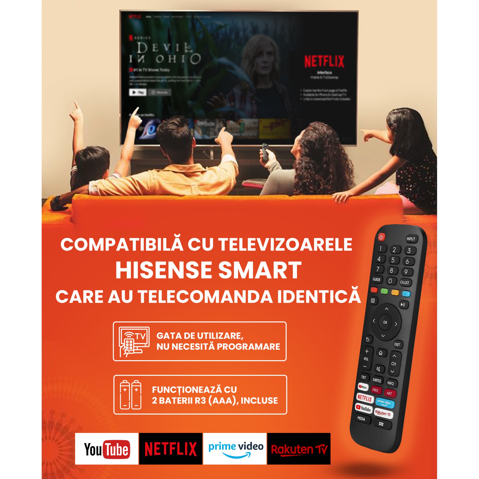 Telecomanda TV Compatibila Hisense Smart, EN2G30H, Netflix, YouTube ...