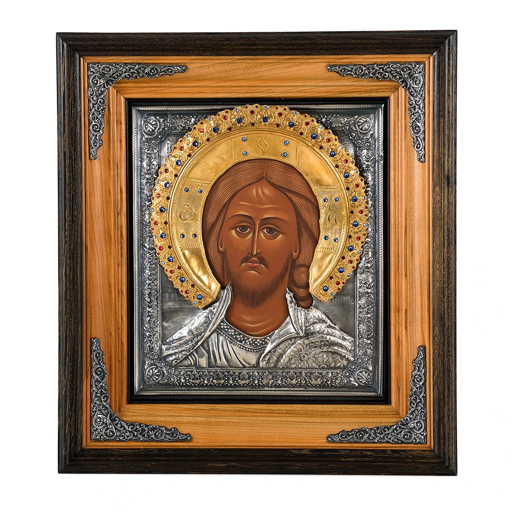 Icoana Iisus Hristos Pantocrator, 42cm x 47cm, placata cu argint si aur ...