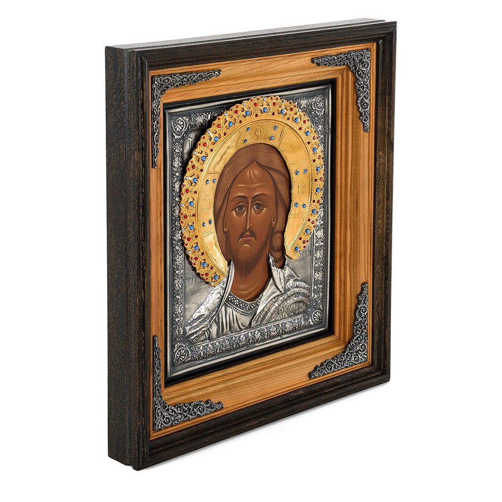 Icoana Iisus Hristos Pantocrator, 42cm x 47cm, placata cu argint si aur ...