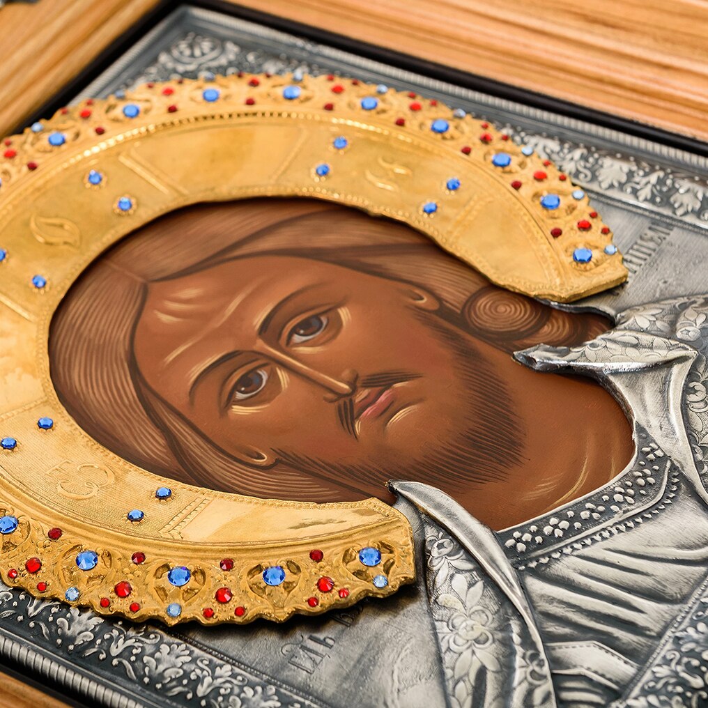 Icoana Iisus Hristos Pantocrator, 42cm x 47cm, placata cu argint si aur ...