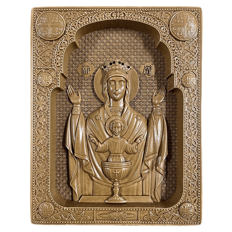 Icoana de perete, Maica Domnului Potirul Nesecat, 17 cm x 21 cm, maro ...