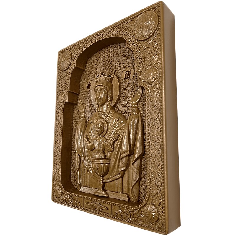 Icoana de perete, Maica Domnului Potirul Nesecat, 17 cm x 21 cm, maro ...