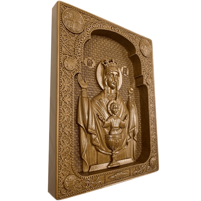 Icoana de perete, Maica Domnului Potirul Nesecat, 17 cm x 21 cm, maro ...