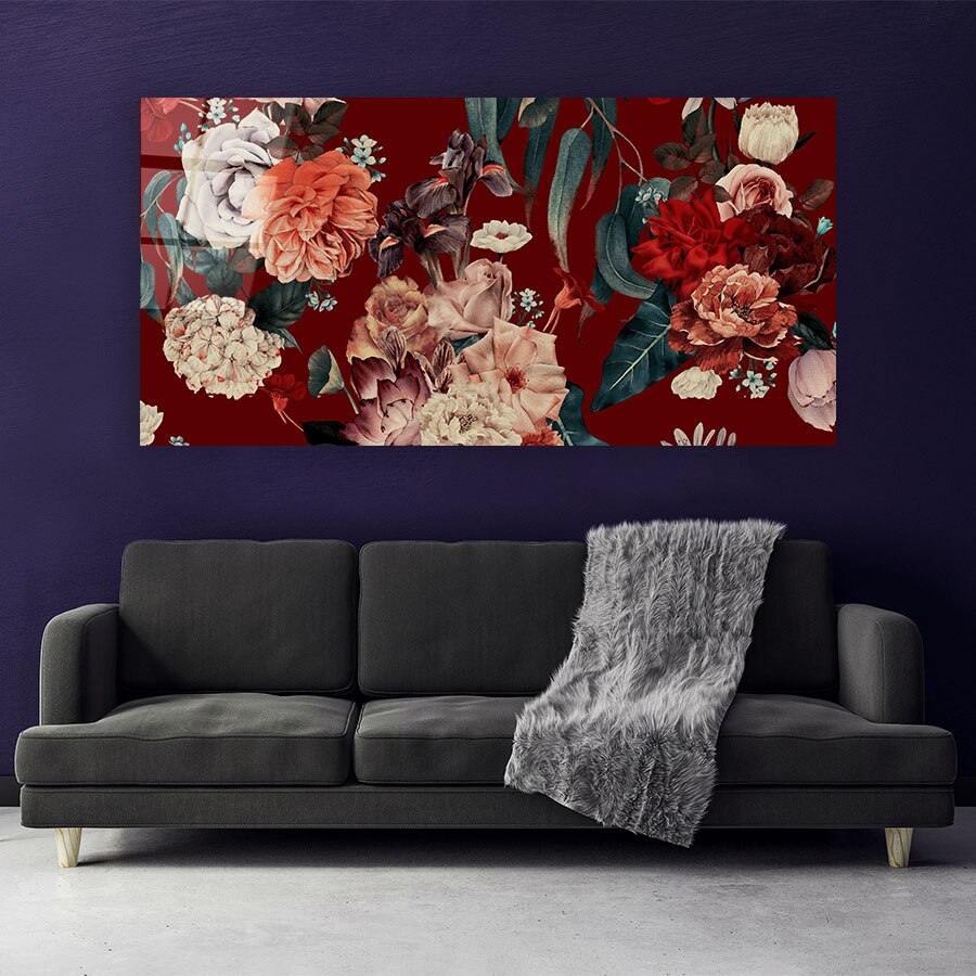 Стъклена картина, Arthub, Flori pe fundal Rosu, 60x100cm - eMAG.bg