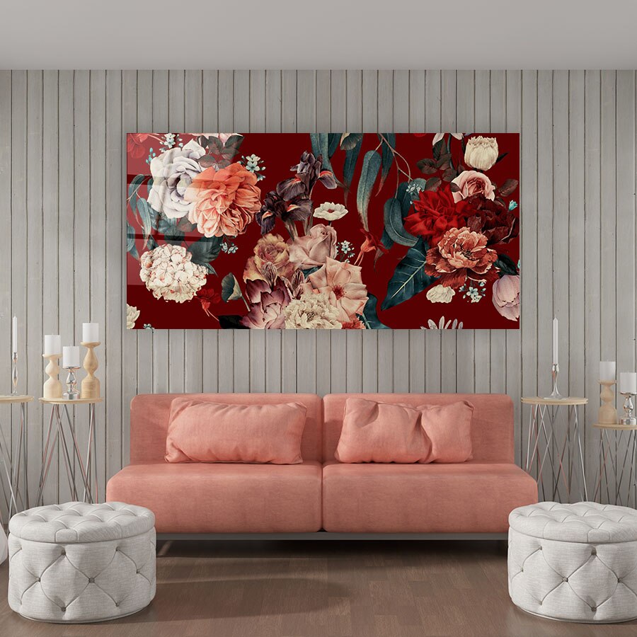 Стъклена картина, Arthub, Flori pe fundal Rosu, 60x100cm - eMAG.bg