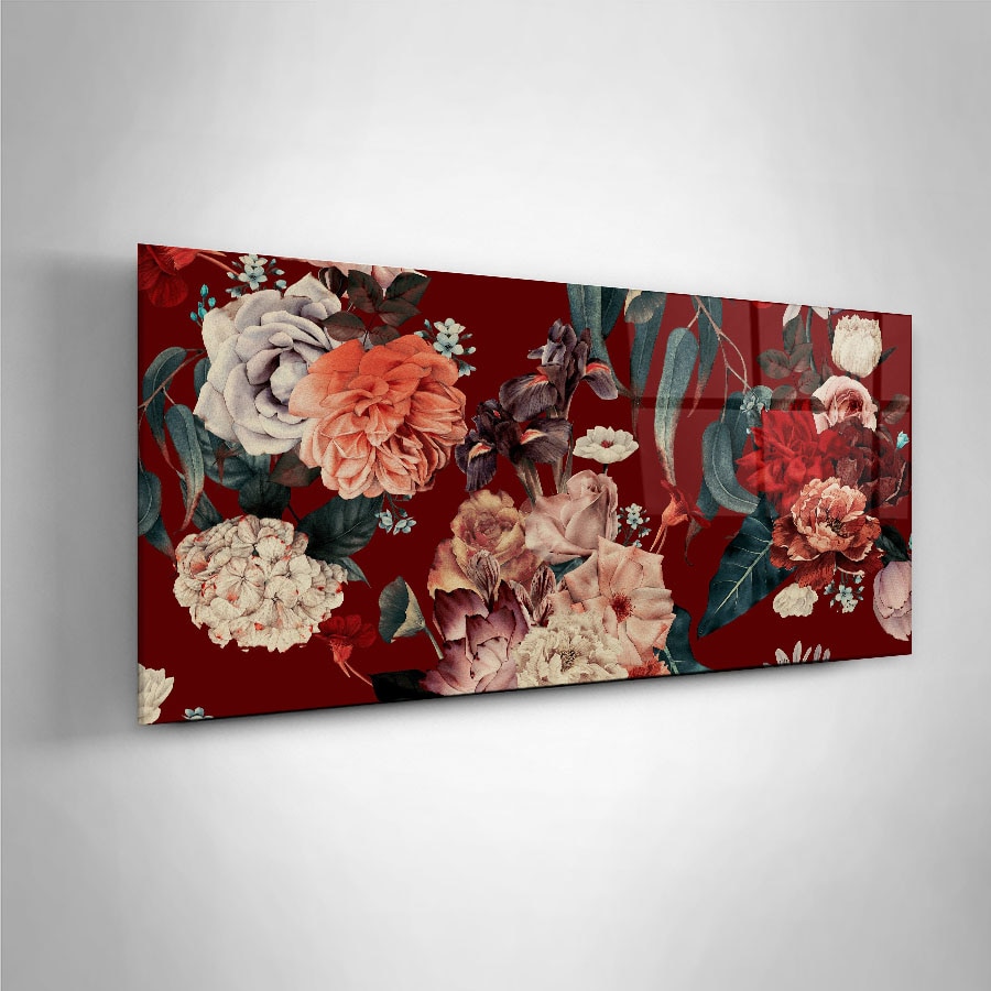 Стъклена картина, Arthub, Flori pe fundal Rosu, 60x100cm - eMAG.bg