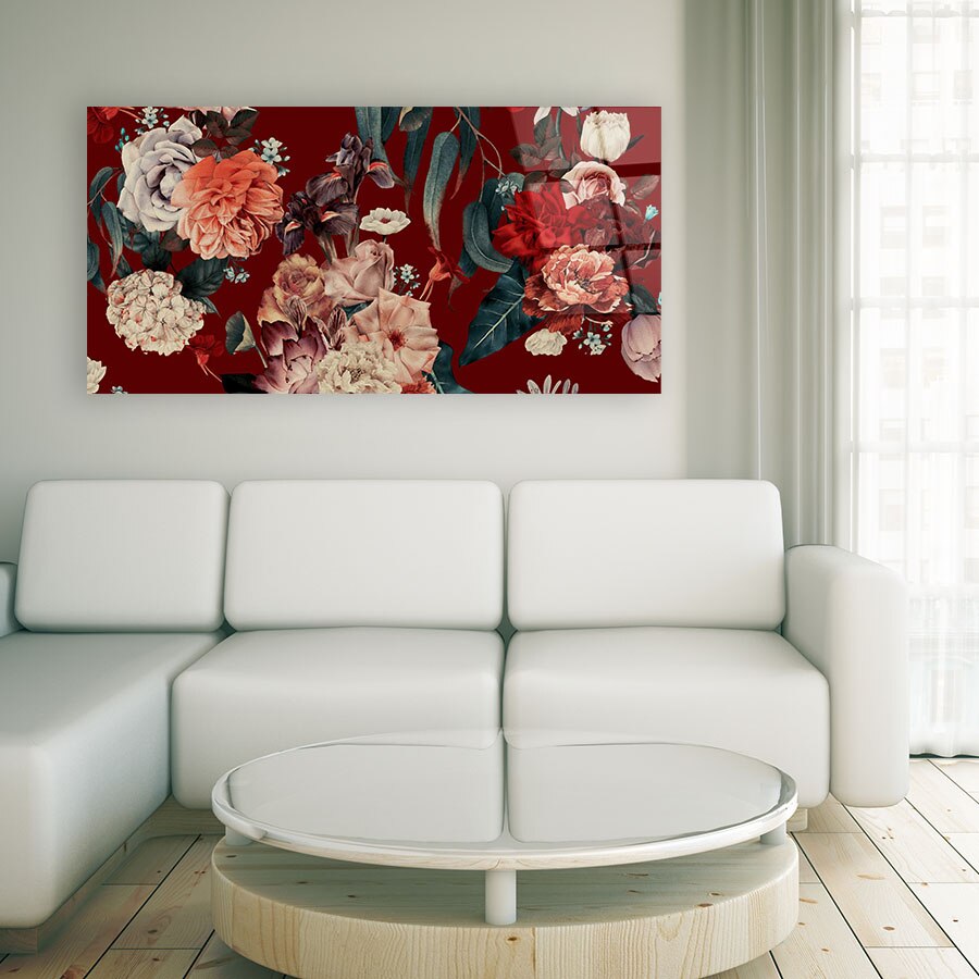Стъклена картина, Arthub, Flori pe fundal Rosu, 60x100cm - eMAG.bg