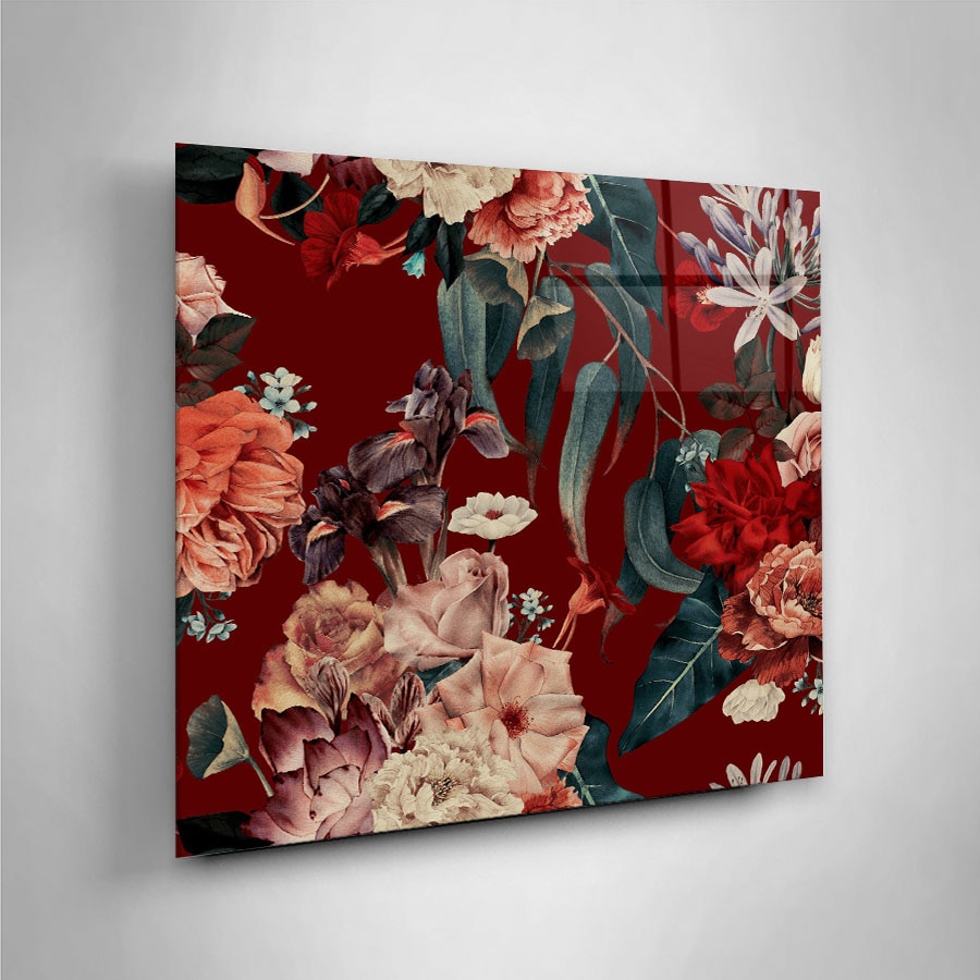 Стъклена картина, Arthub, Flori pe fundal Rosu, 100x100cm - eMAG.bg