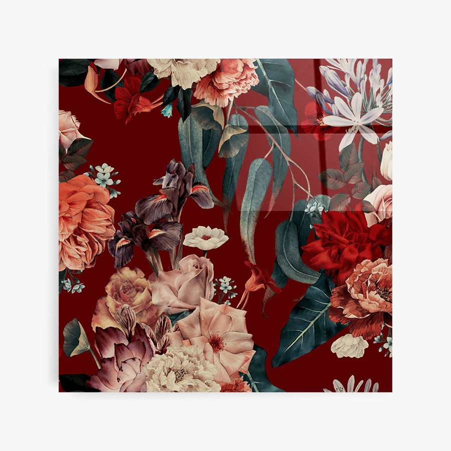 Стъклена картина, Arthub, Flori pe fundal Rosu, 100x100cm - eMAG.bg