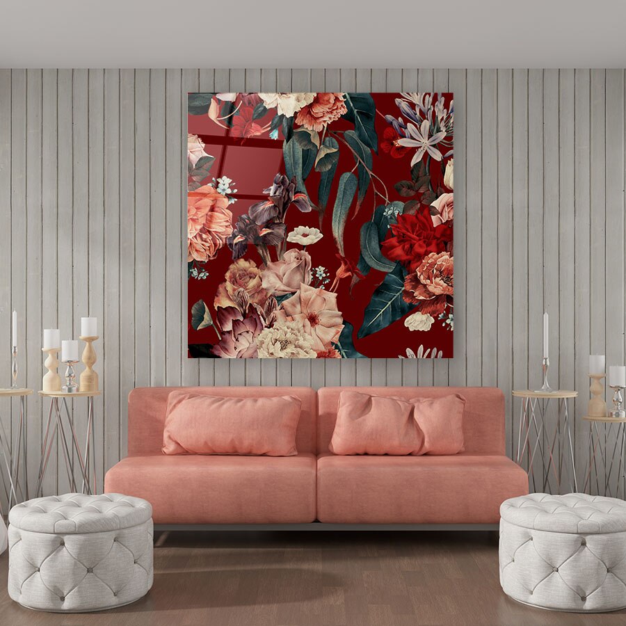 Стъклена картина, Arthub, Flori pe fundal Rosu, 100x100cm - eMAG.bg
