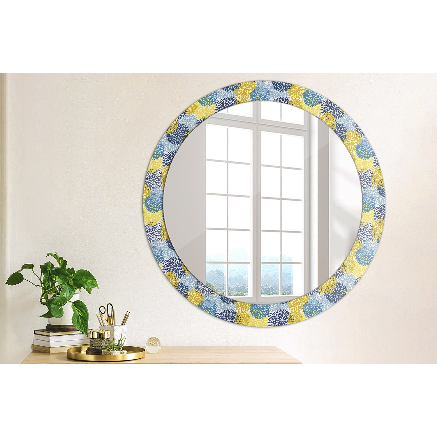 Oglinda de perete, Wallfluent, Flori astre, Rotunda, Multicolor, Ø80 cm ...