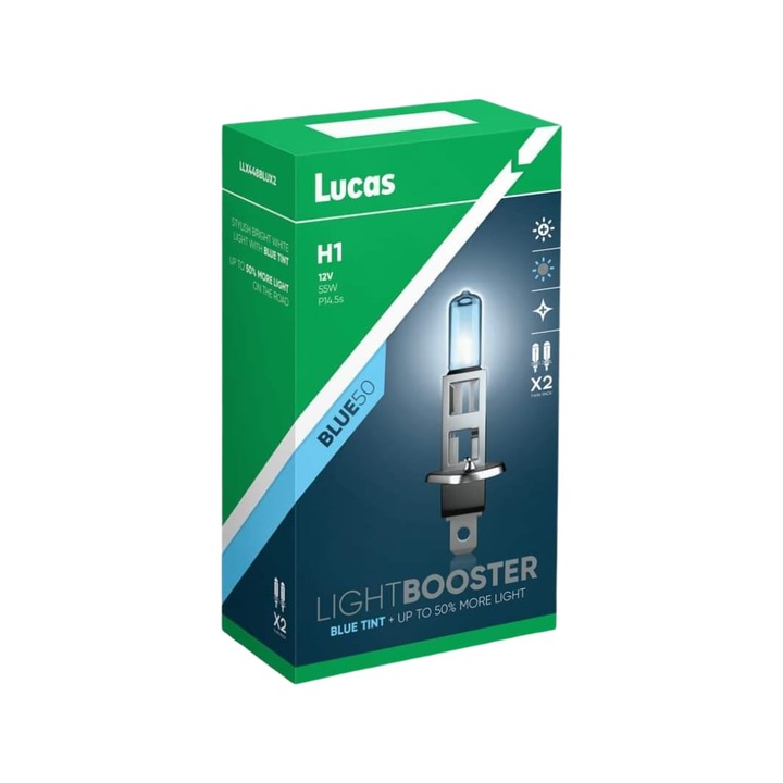 Set 2 becuri auto cu halogen Lucas H1 Light Booster Blue Tint +50%, 55W, 12V, P14.5S - eMAG.ro