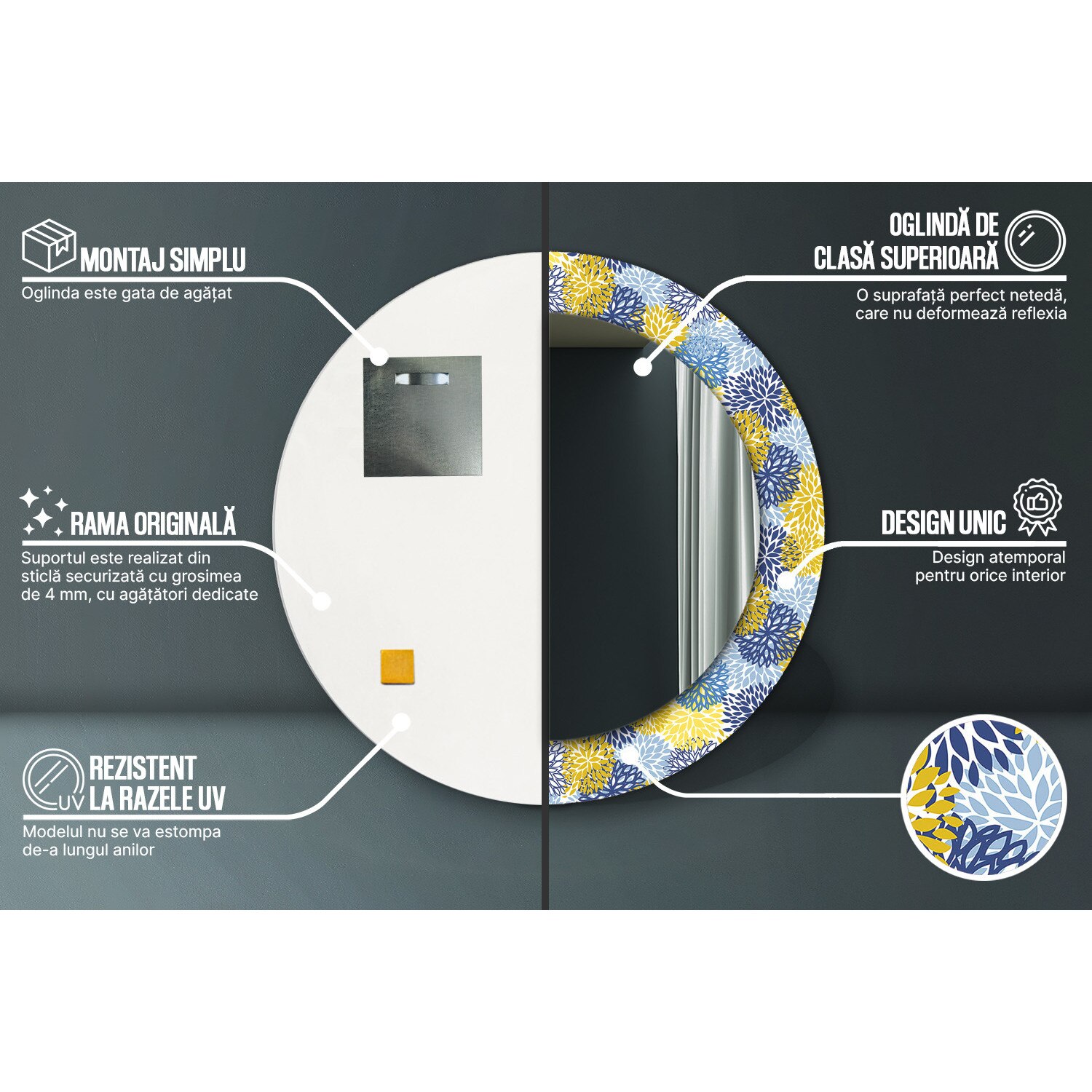 Oglinda de perete, Wallfluent, Flori astre, Rotunda, Multicolor, Ø80 cm ...