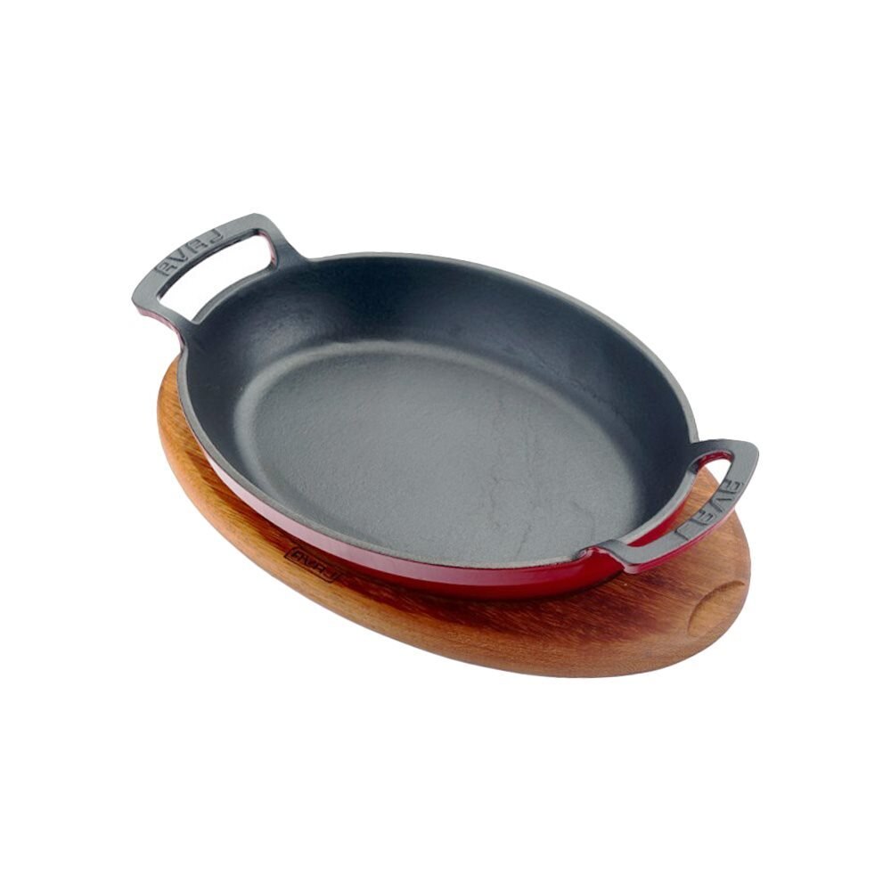 Tava ovala fonta, 27x20 cm, cu suport din lemn, Rosu - LAVA - eMAG.ro