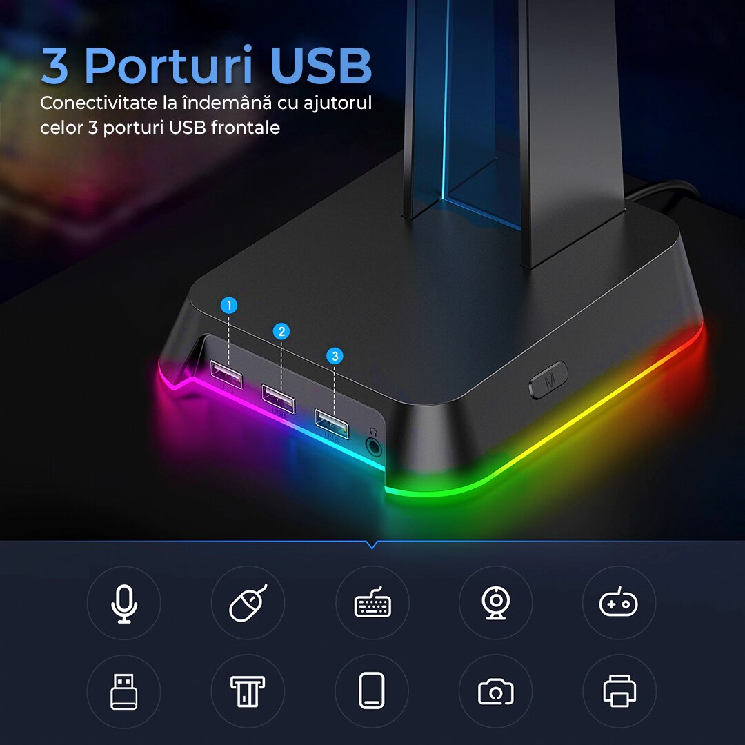 Suport casti gaming cu lumina RGB, 3 porturi USB, Anti-Slip, Negru ...