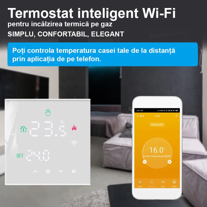Termostat centrala wireless inteligent cu fir, controlat din aplicatie ...