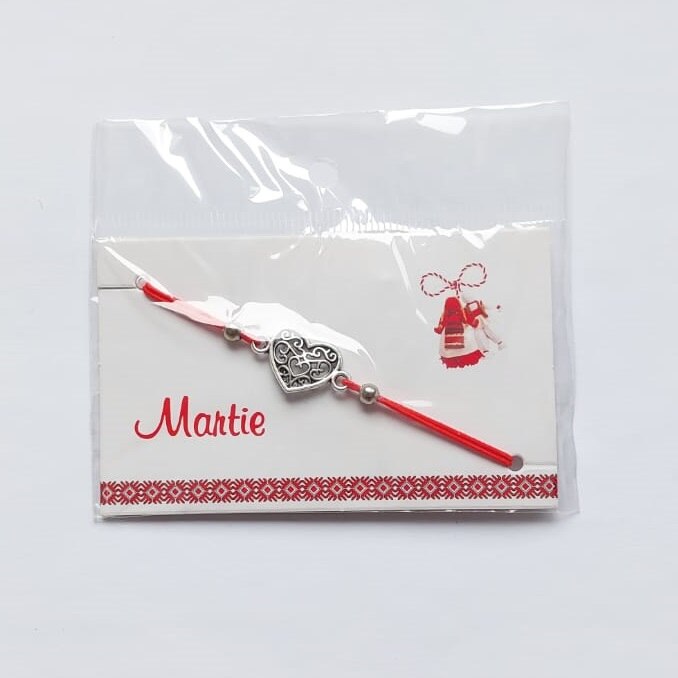 Set 12 Martisoare bratara cu accesoriu metalic, Inimioara, pe snur ...