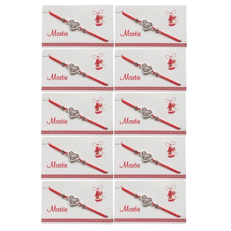 Set 12 Martisoare bratara cu accesoriu metalic, Inimioara, pe snur ...