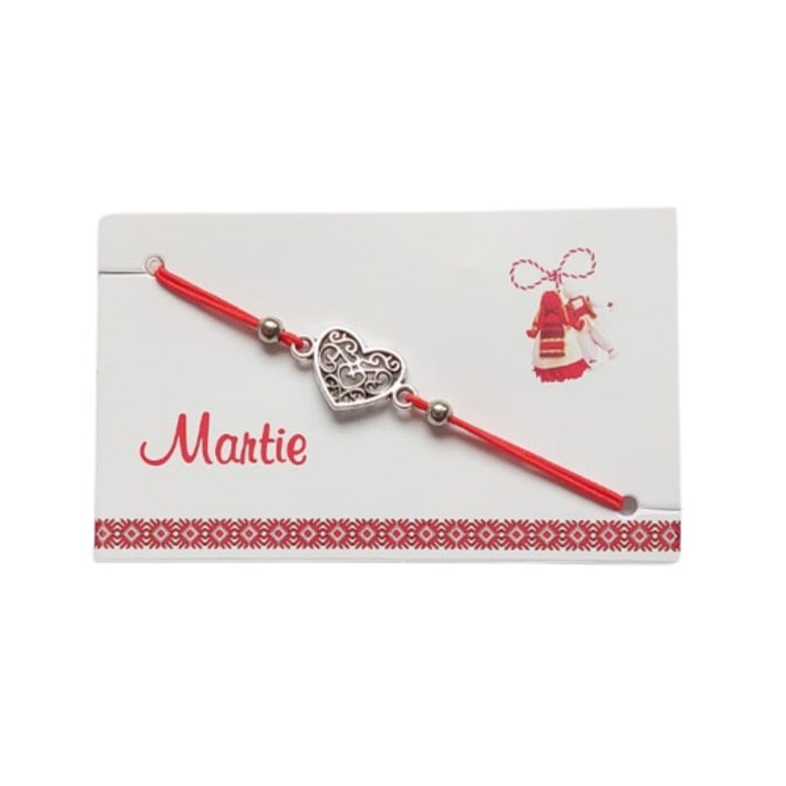 Set 12 Martisoare bratara cu accesoriu metalic, Inimioara, pe snur ...
