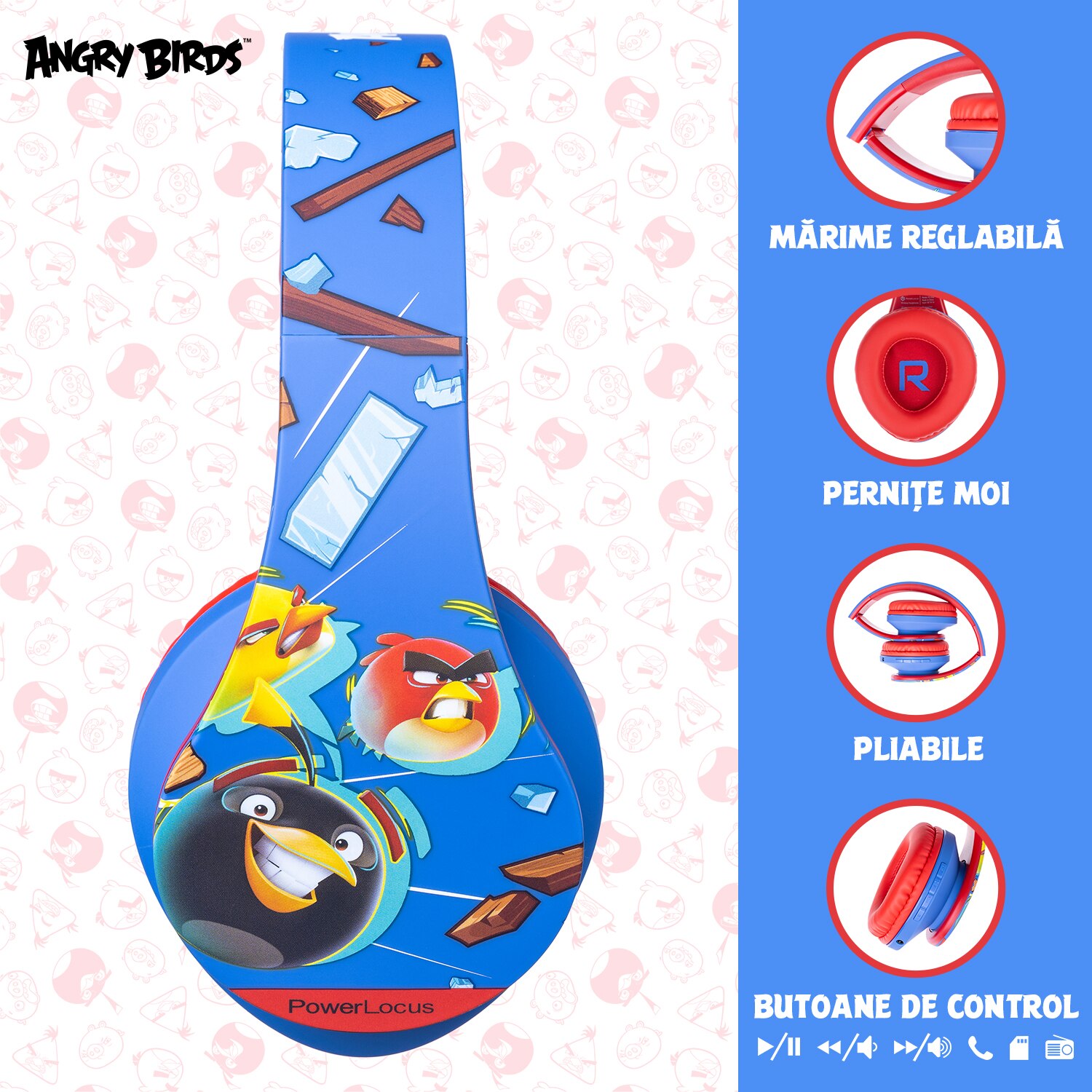 Casti Audio pentru copii, wireless, PowerLocus Angry Birds, rosu - eMAG.ro