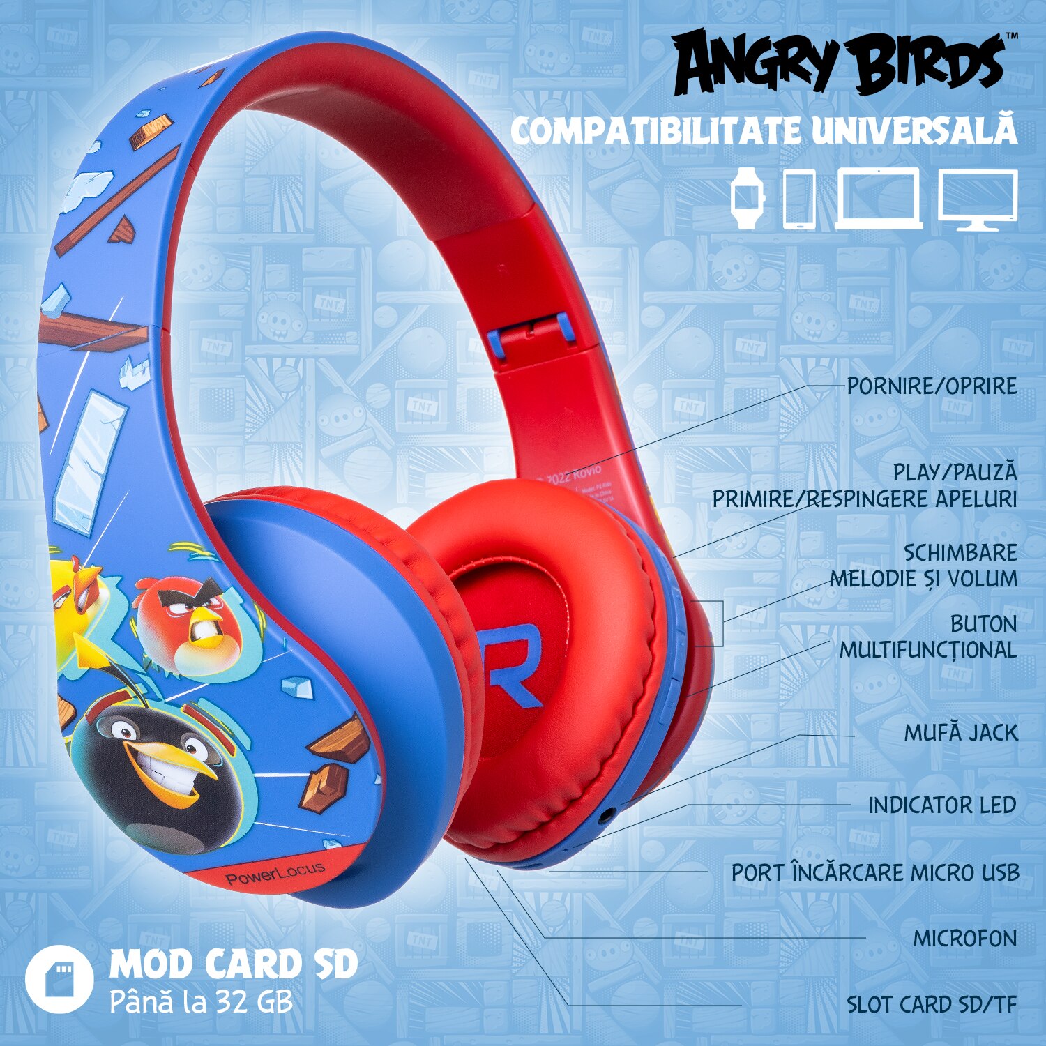 Casti Audio pentru copii, wireless, PowerLocus Angry Birds, rosu - eMAG.ro
