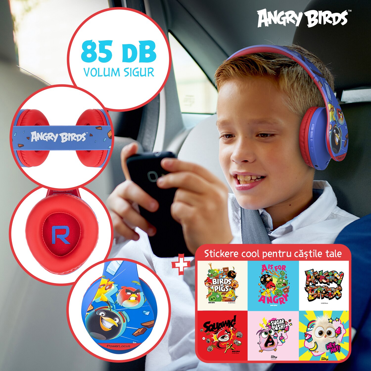 Casti Audio pentru copii, wireless, PowerLocus Angry Birds, rosu - eMAG.ro