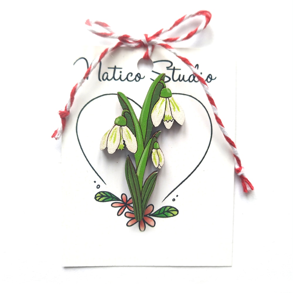 Martisor brosa, Ghiocei, handmade, pictat pe lemn, 5 cm - eMAG.ro