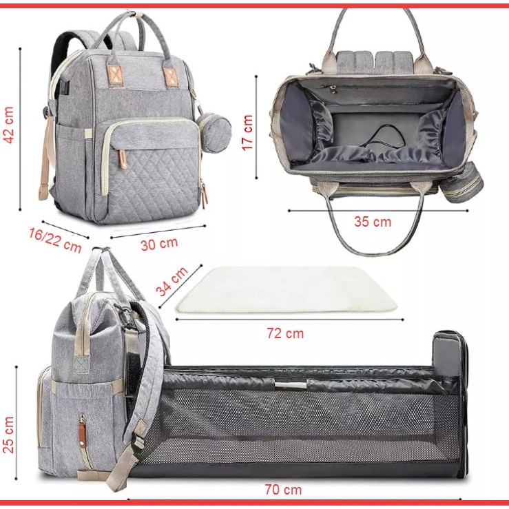 Geanta Bebe tip rucsac scutece cu patut pliabil, Straight, gri ...