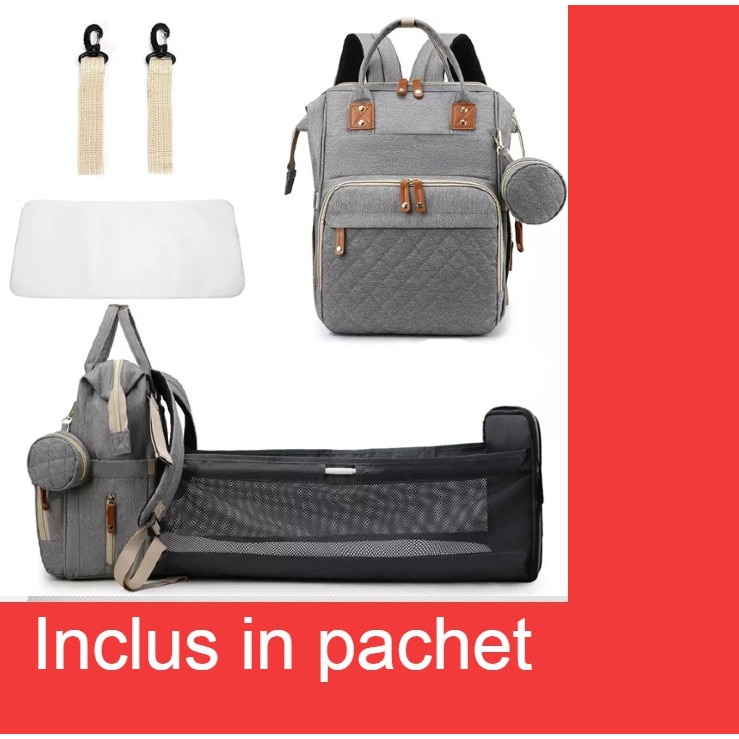 Geanta Bebe tip rucsac scutece cu patut pliabil, Straight, gri ...
