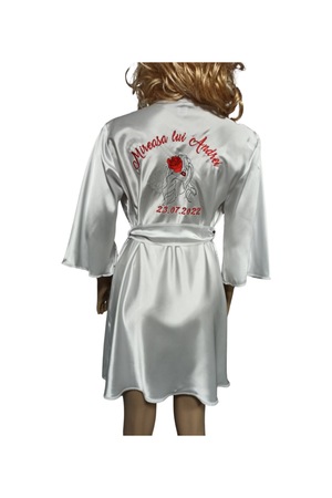 Halat mireasa brodat, personalizabil, material satin, 34 EU, Alb lucios ...