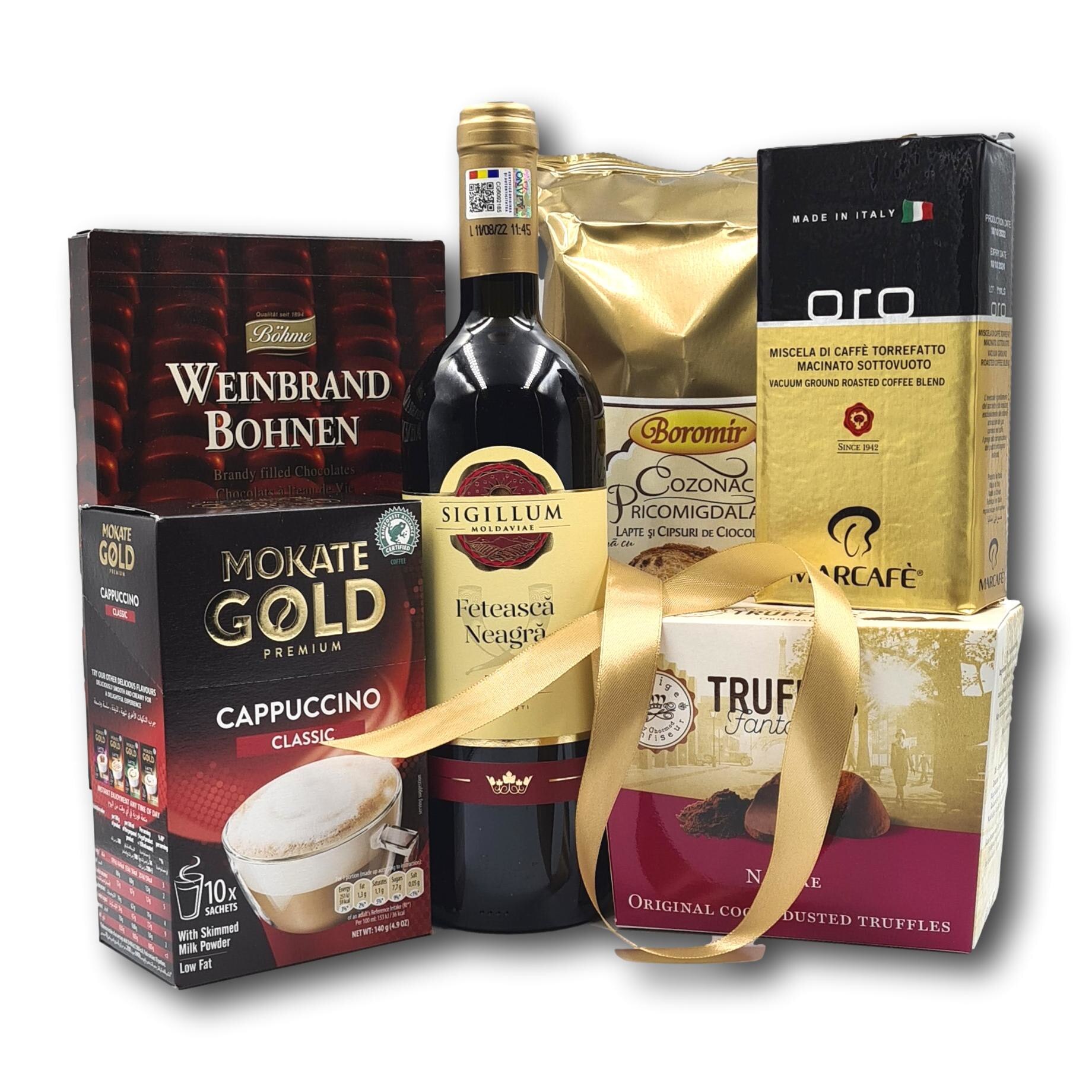 Pachet cadou Nice Surprise cu vin rosu romanesc, cafea si specialitati ...