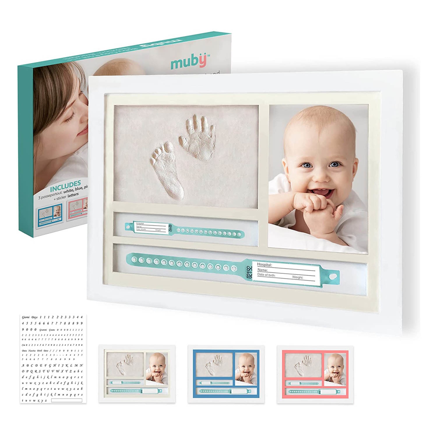 Kit amprenta mulaj bebelus cu suport bratara si cadru in 3 culori ...