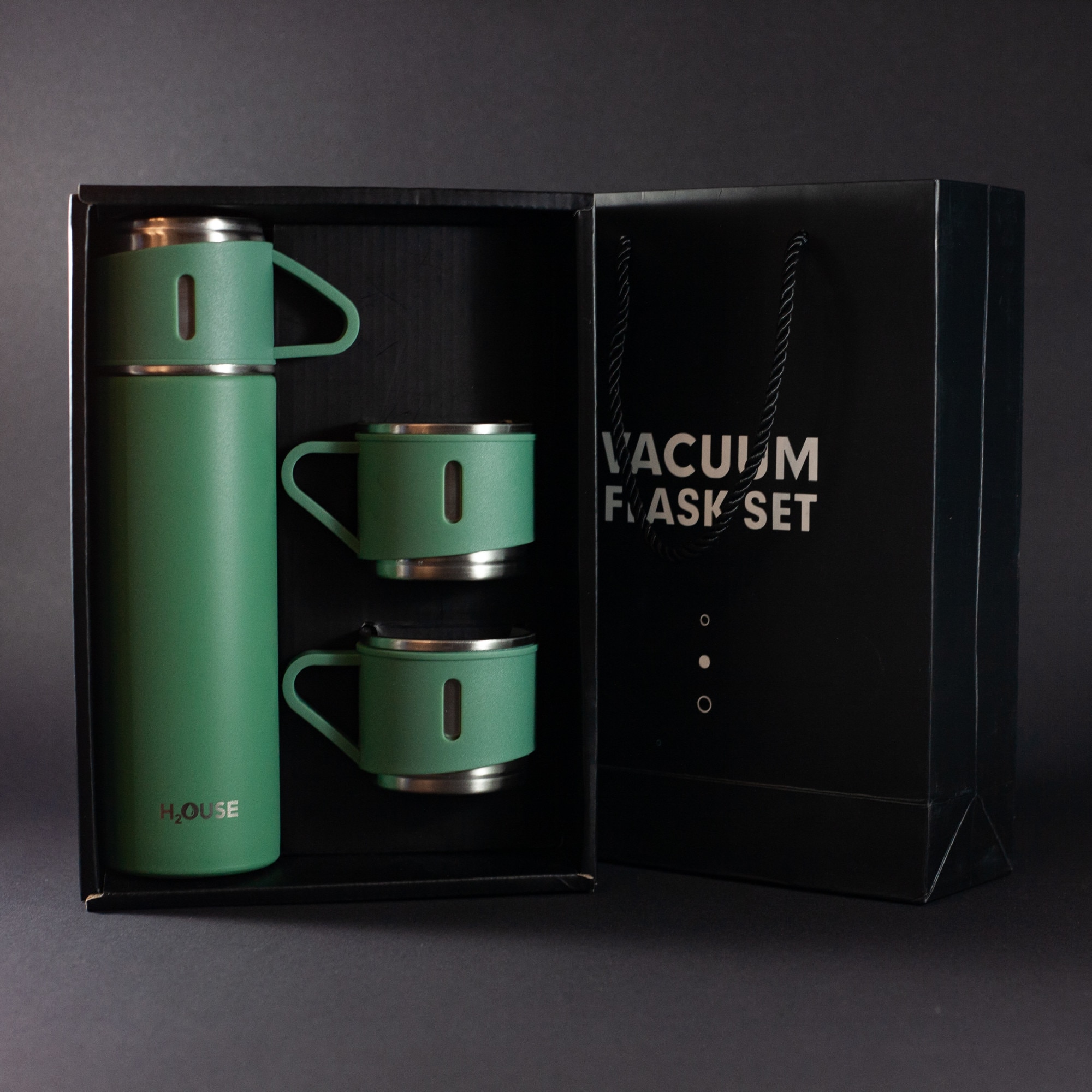 Set Termos H2OUSE Verde, 500ml, perete dublu, 2 cani extra - eMAG.ro