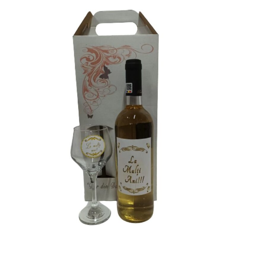 Set sticla vin cu un pahar in cutie carton alb Dary Home, La multi ani ...