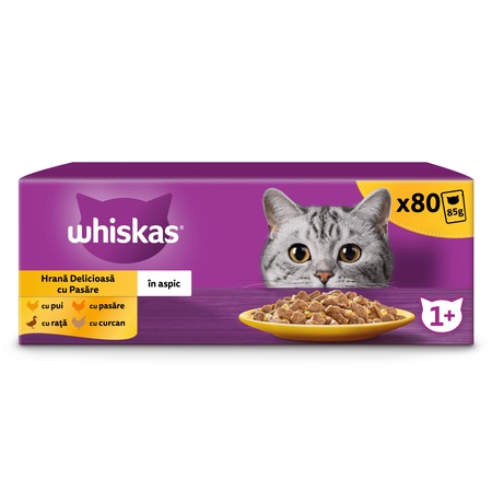 Hrana umeda pentru pisici adulte Whiskas cu carne de pasare (pui, rata ...