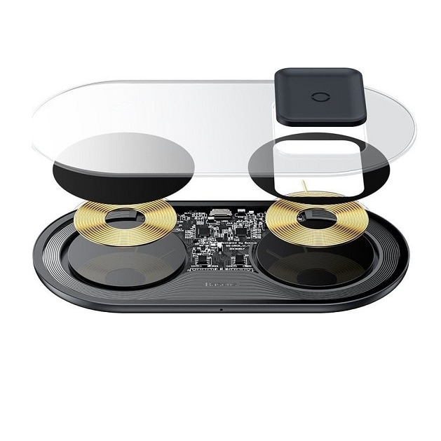 Incarcator wireless, Baseus, 2in1, Aluminiu/Sticla securizata ...